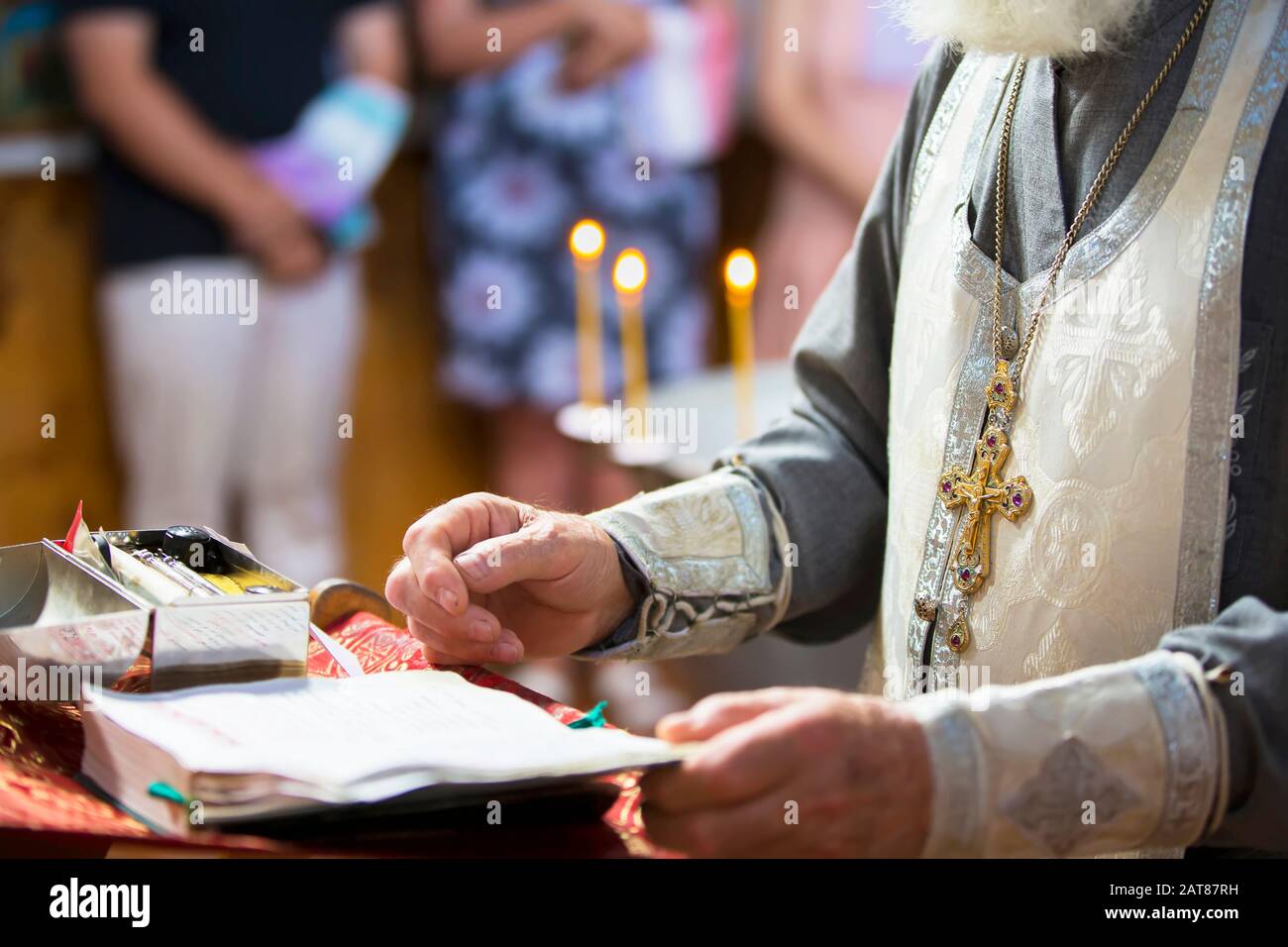 Orthodox religion. Hands of the priest against the background of the ...