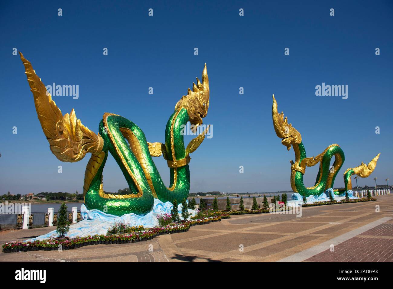 Landmarks and viewpoint with Naga statue of Nongkhai city at riverside ...