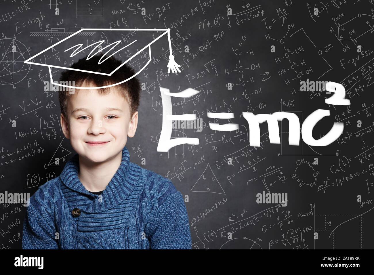 Student little boy and science background. Kid is thinking about ...