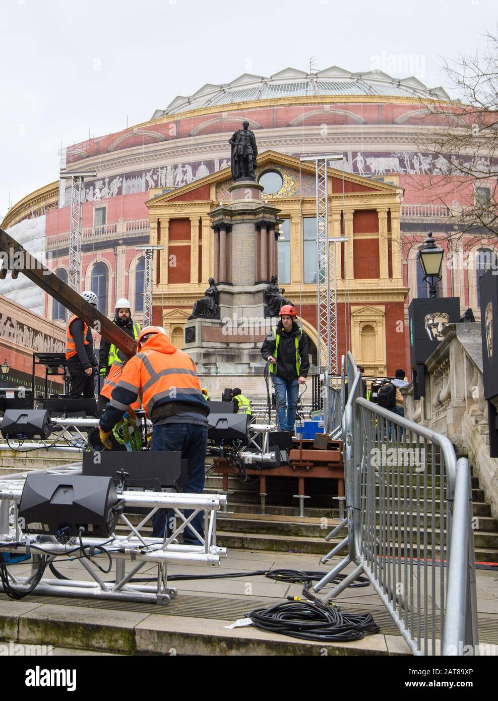 Setup of the red carpet for the BAFTA Film Awards begins at the Royal ...