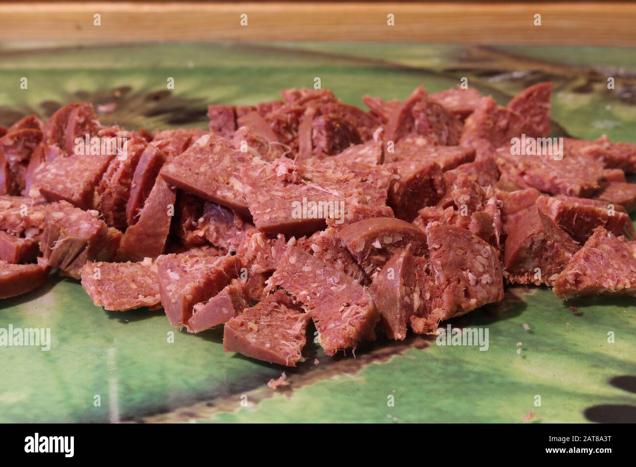 Turkish raw sausage sucuk cut to small pieces as ingredient for soup ...