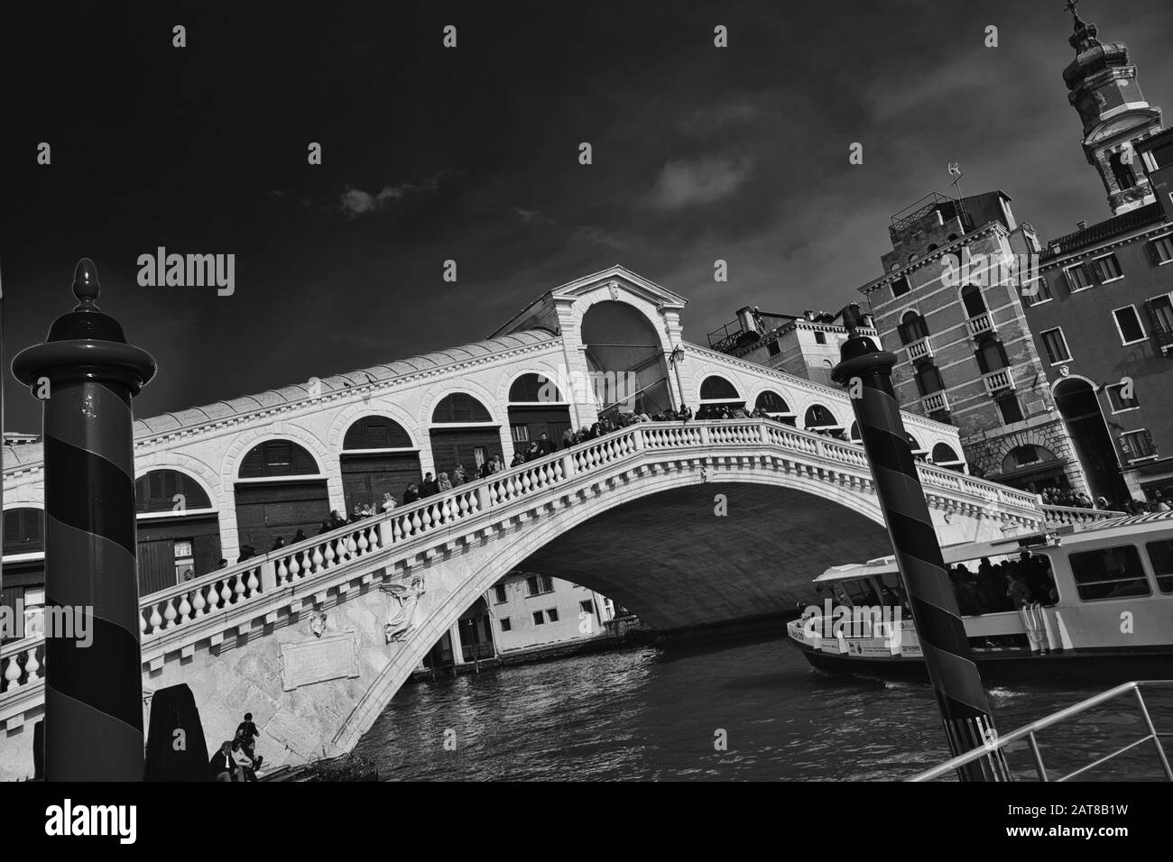 VENICE, ITALY - Feb 20, 2019: A greyscale shot of the famous Rialto ...