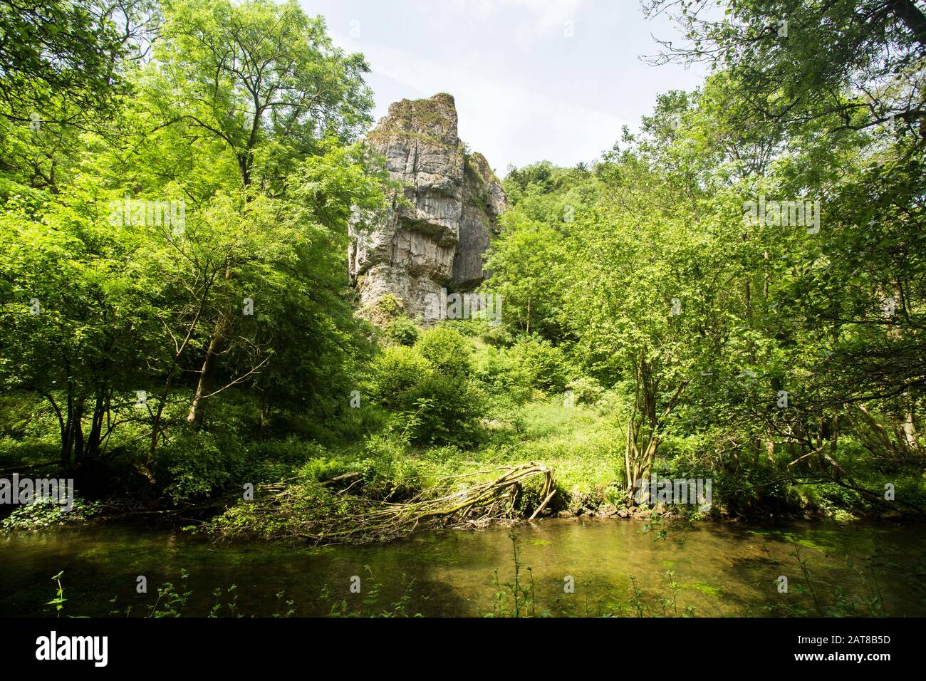 Jacob's Ladder rock seen across the River Dove, Dove Dale, Peak ...