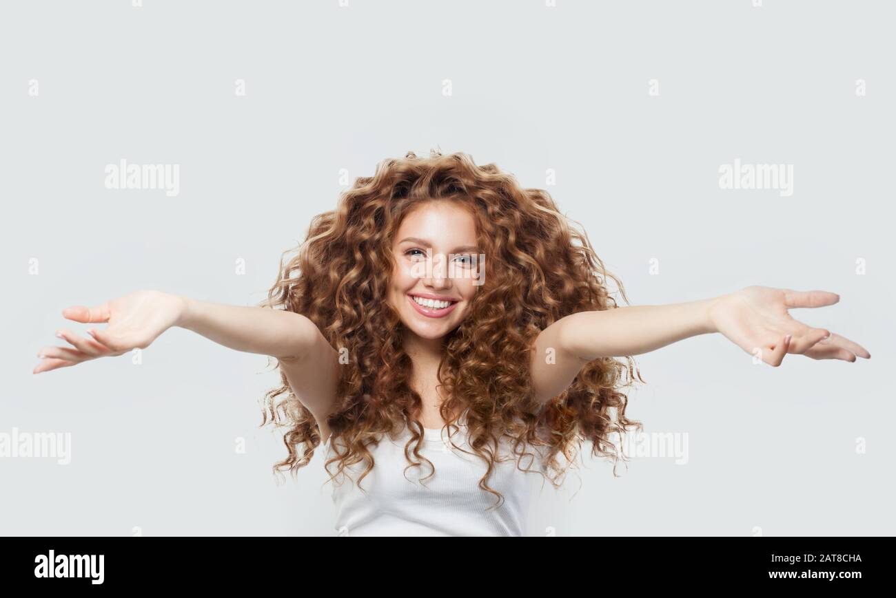 Beautiful Happy woman with open hands having fun. Welcome concept Stock ...