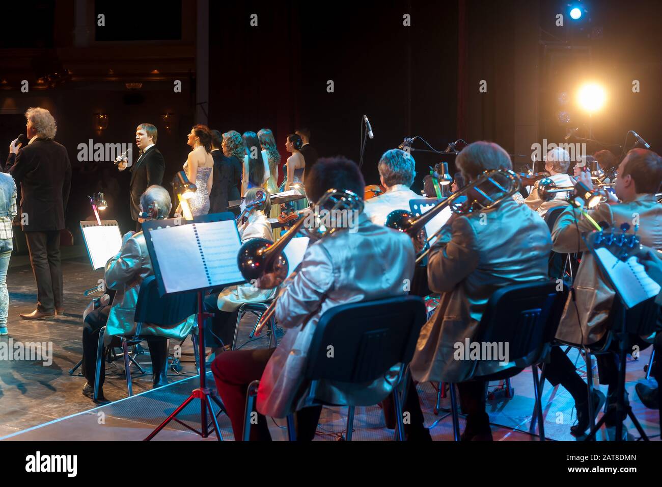 Orchestra with musical instruments and performers during the ...