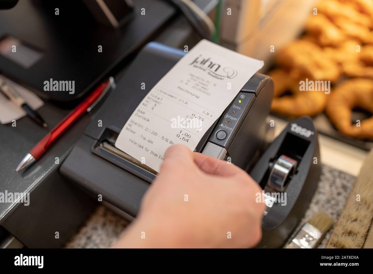 23 January 2020, Bavaria, Ansbach: A receipt on which baked goods are ...