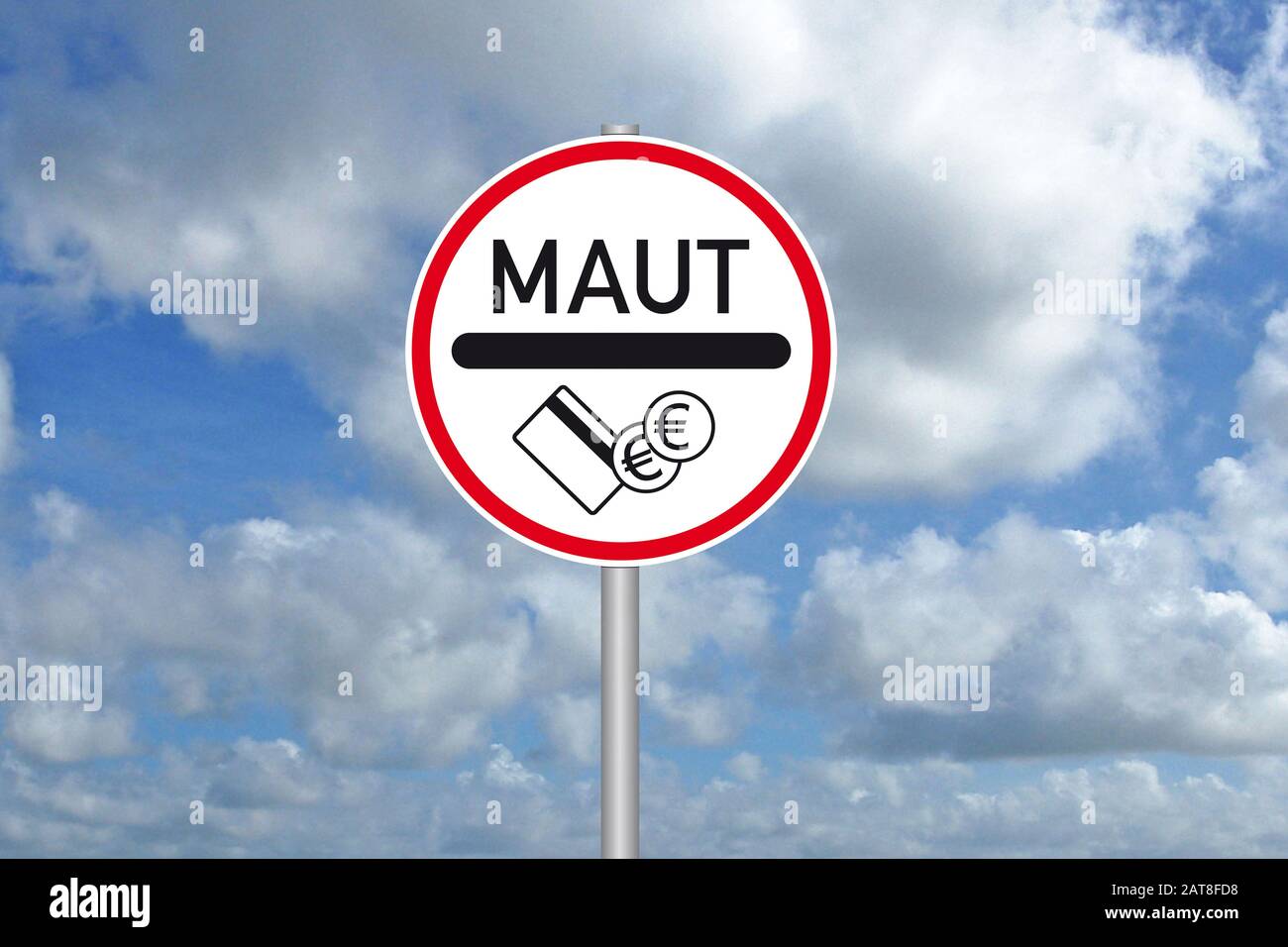sign Maut, road tax in front of cloudy bue sky, composing, Germany ...