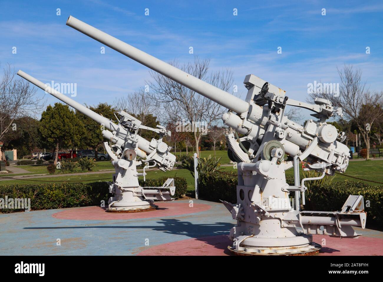 San Diego CA 1-30-2020 Large American flag flying next to old former ...