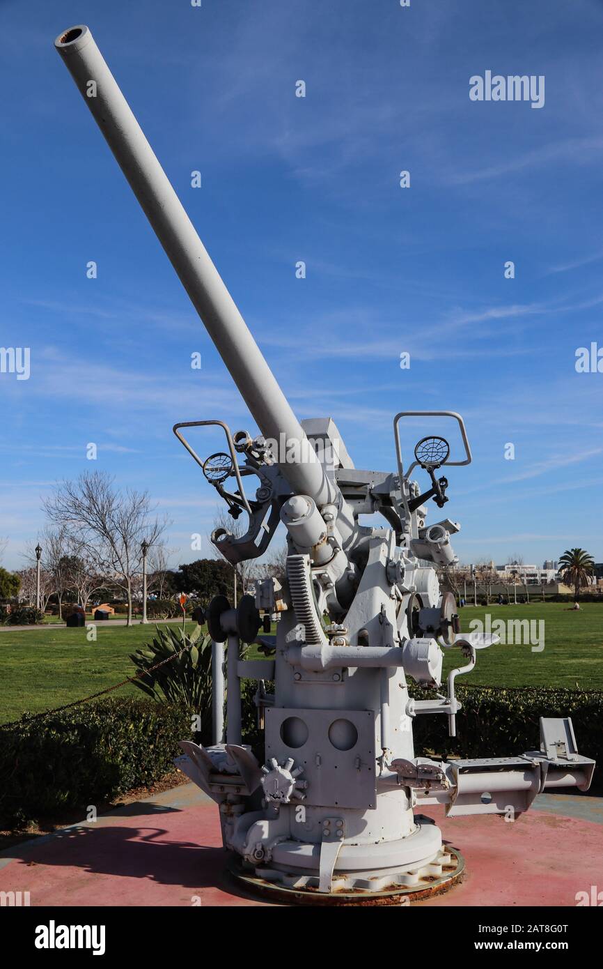 San Diego CA 1-30-2020 Large American flag flying next to old former ...