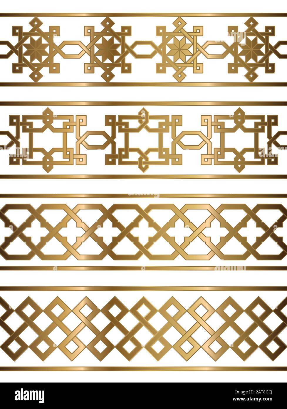 Set of golden oriental geometrical seamless borders. Decorative design elements. Vector ...