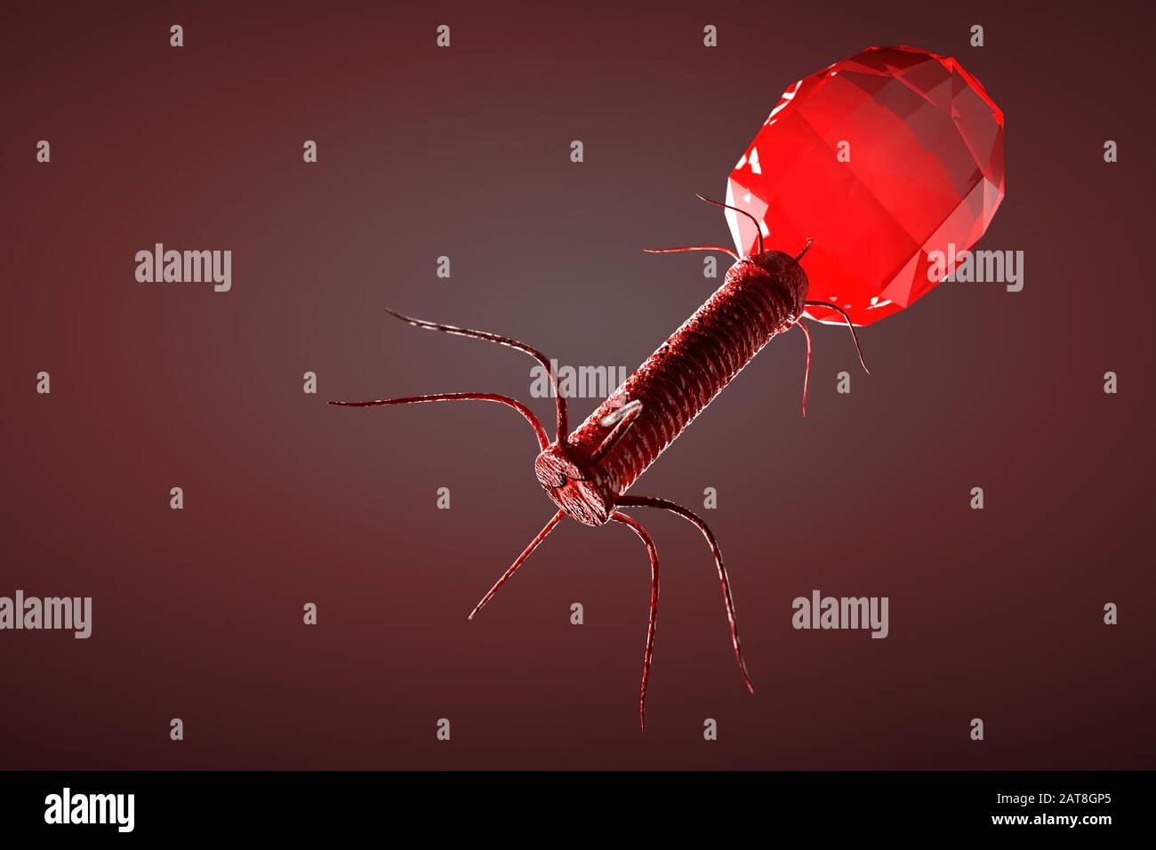 3d illustration, close up of microscope bacteriophage on red background ...