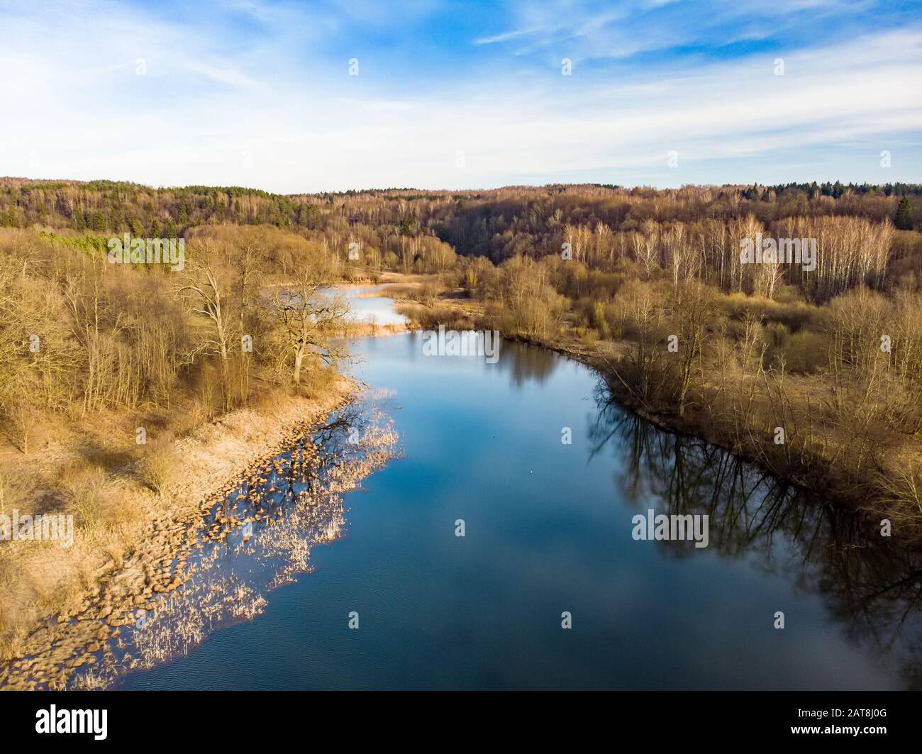 Aerial top down view of lake coast overgrown with sedge and dry grass ...