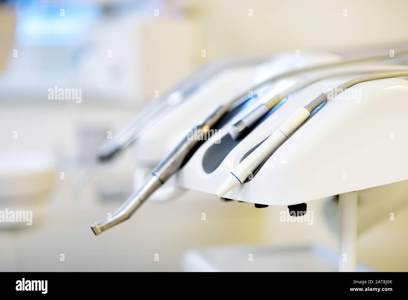 Different dental instruments and tools in a dentists office. Closeup of ...