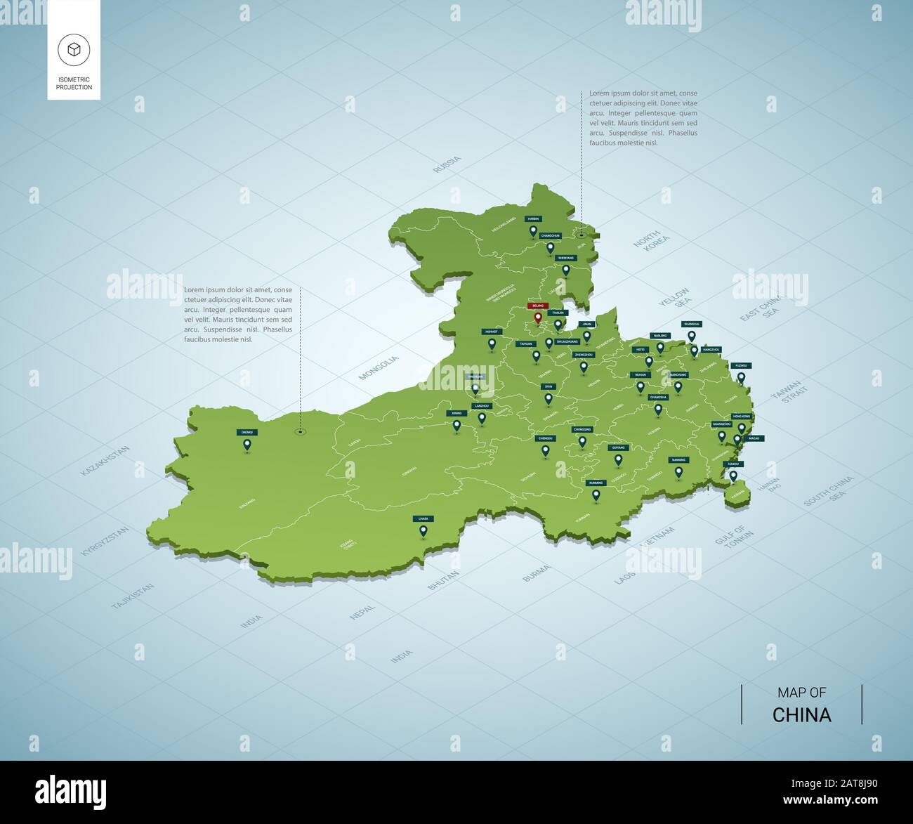 Stylized map of China. Isometric 3D green map with cities, borders ...