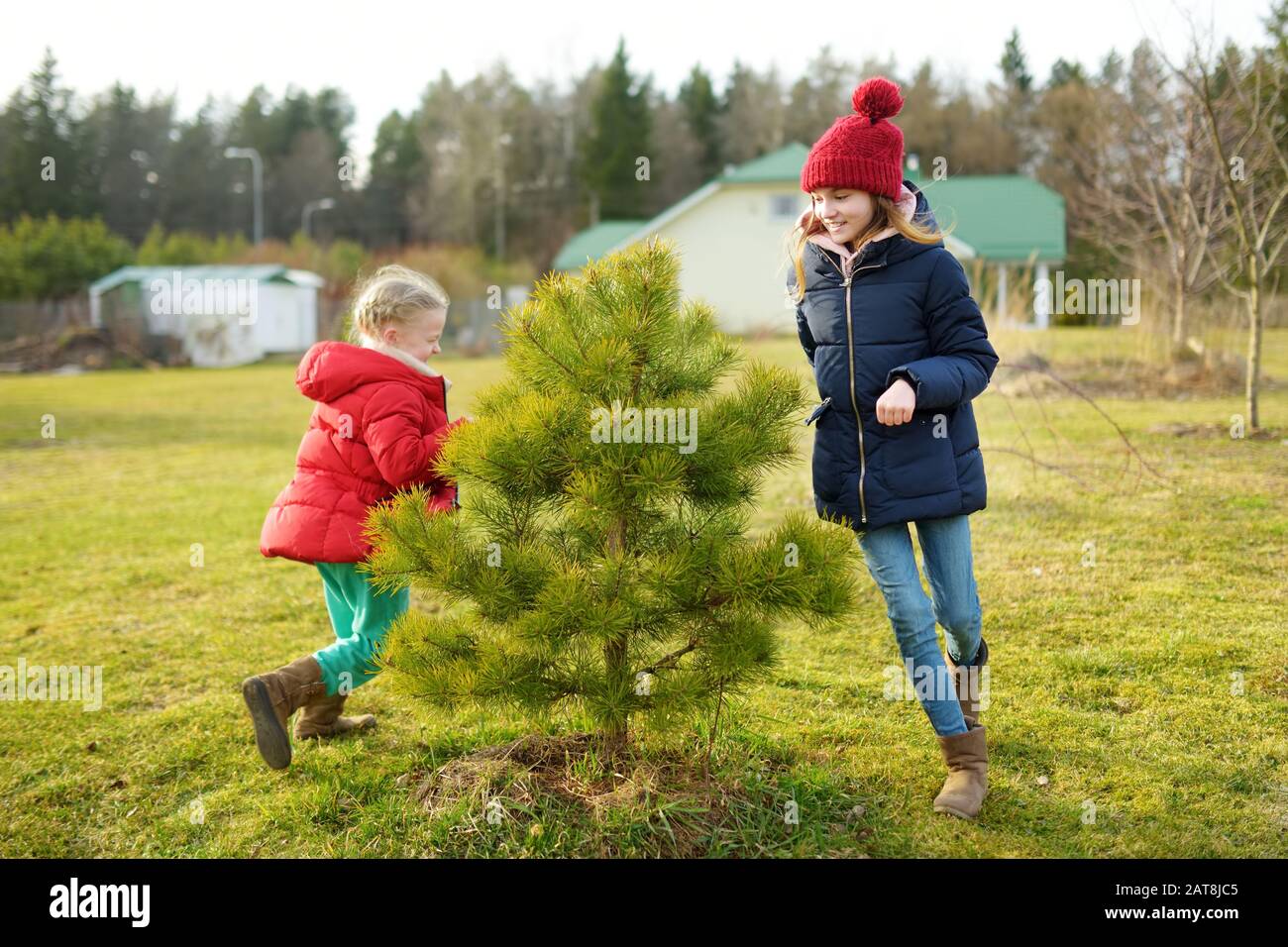 Two cute young sisters having fun together on beautiful spring day ...
