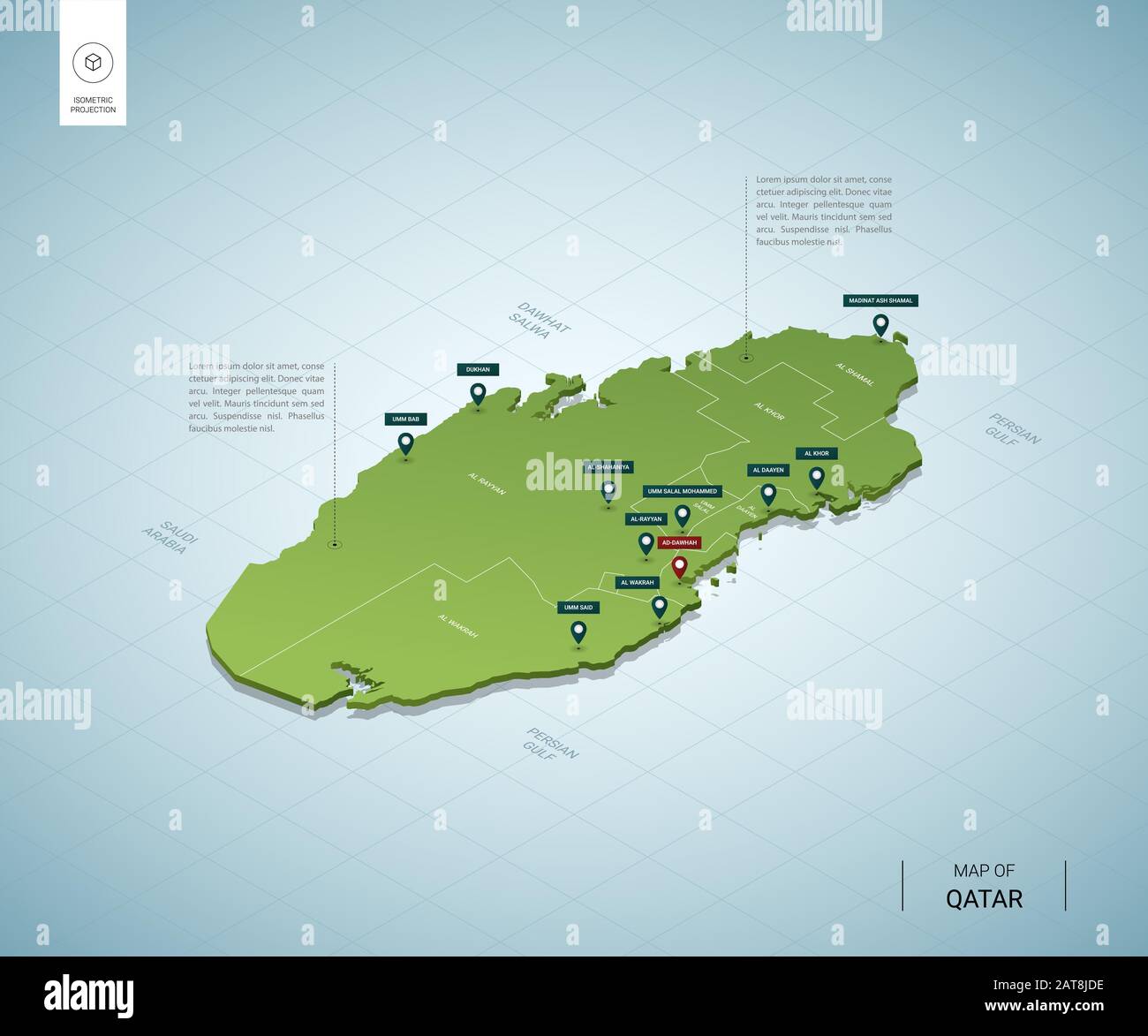 Stylized map of Qatar. Isometric 3D green map with cities, borders ...