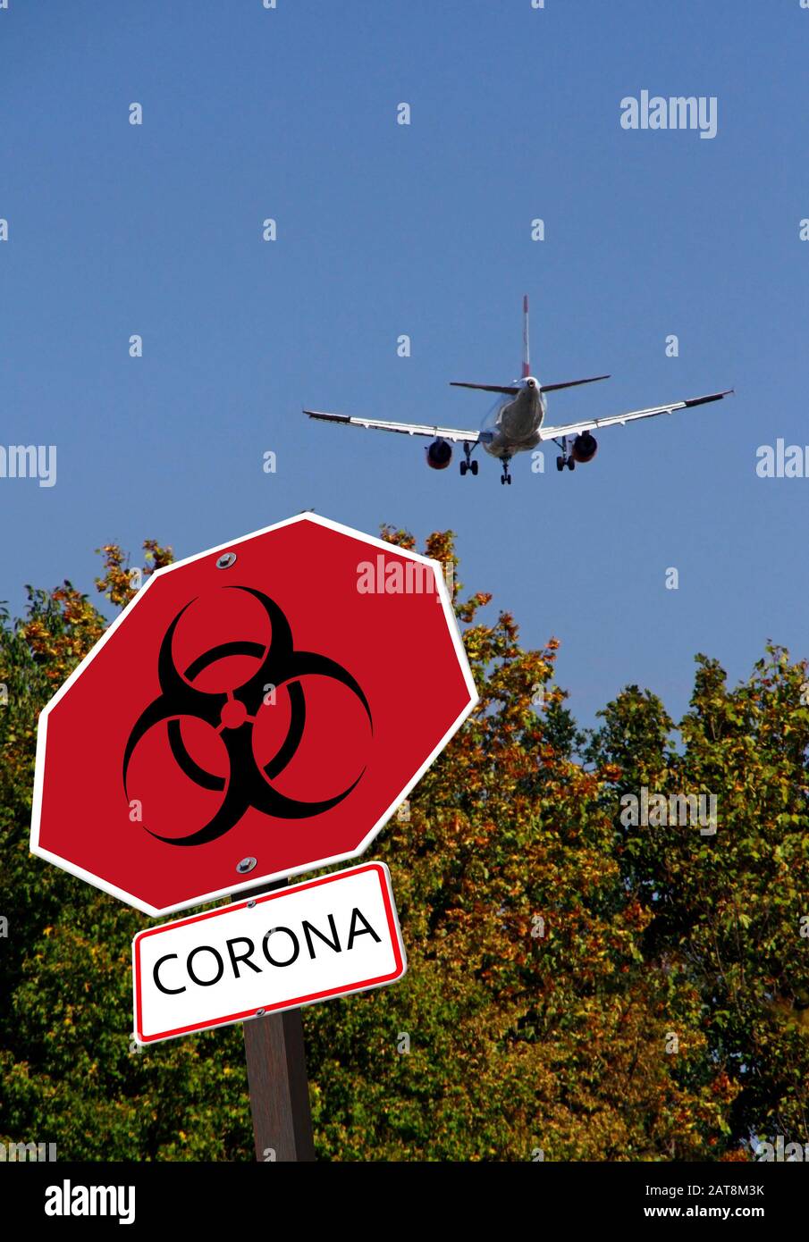 Coronavirus - approaching airplane and warning sign Stock Photo - Alamy
