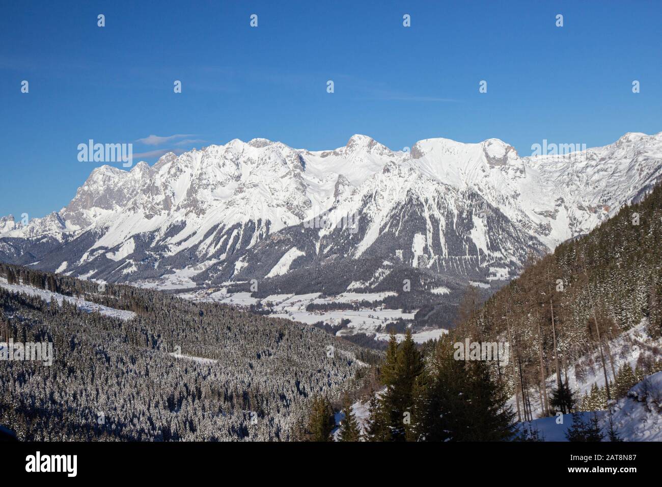 view from Schladming ski resort towards Dachstein glacier Stock Photo ...