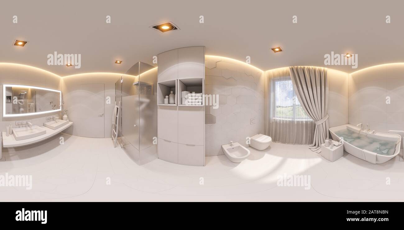 3d illustration spherical 360 degrees, seamless panorama of a bathroom ...