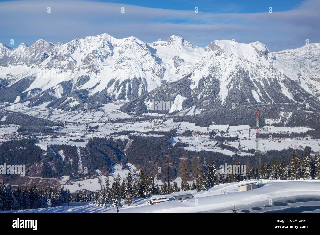 view from Schladming ski resort towards Dachstein glacier Stock Photo ...