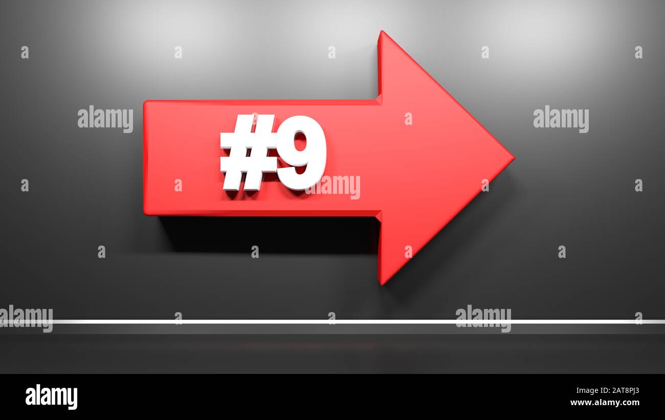 Number Nine red arrow at black background - 3D rendering illustration ...