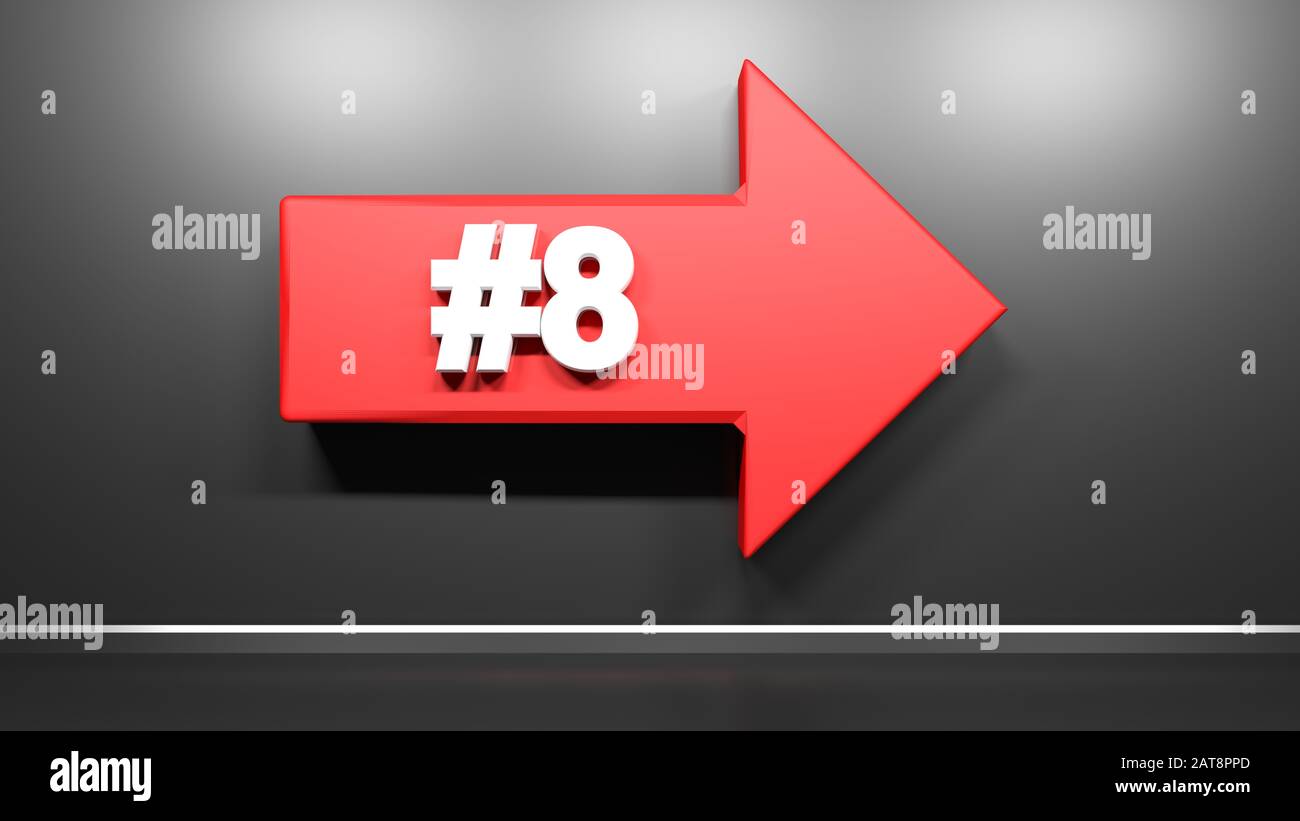 Number Eight red arrow at black background - 3D rendering illustration ...