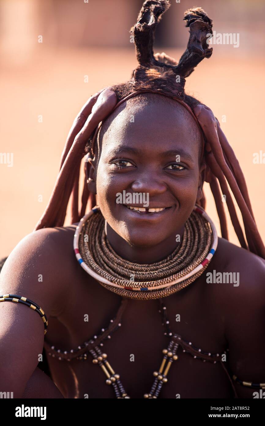 Kamanjab, NAMIBIA -Sep 04 2019: Himba woman with traditional unusual ...