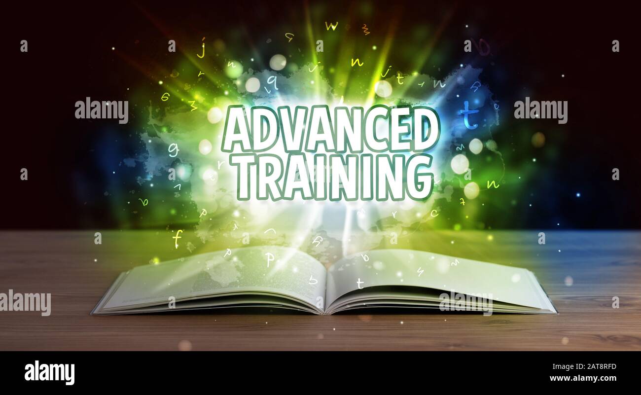 ADVANCED TRAINING inscription coming out from an open book, educational ...