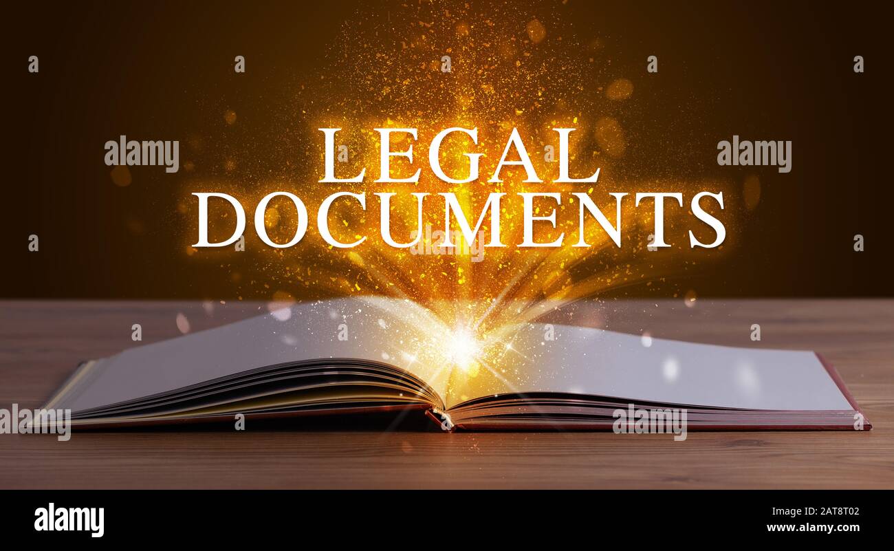LEGAL DOCUMENTS inscription coming out from an open book, educational ...