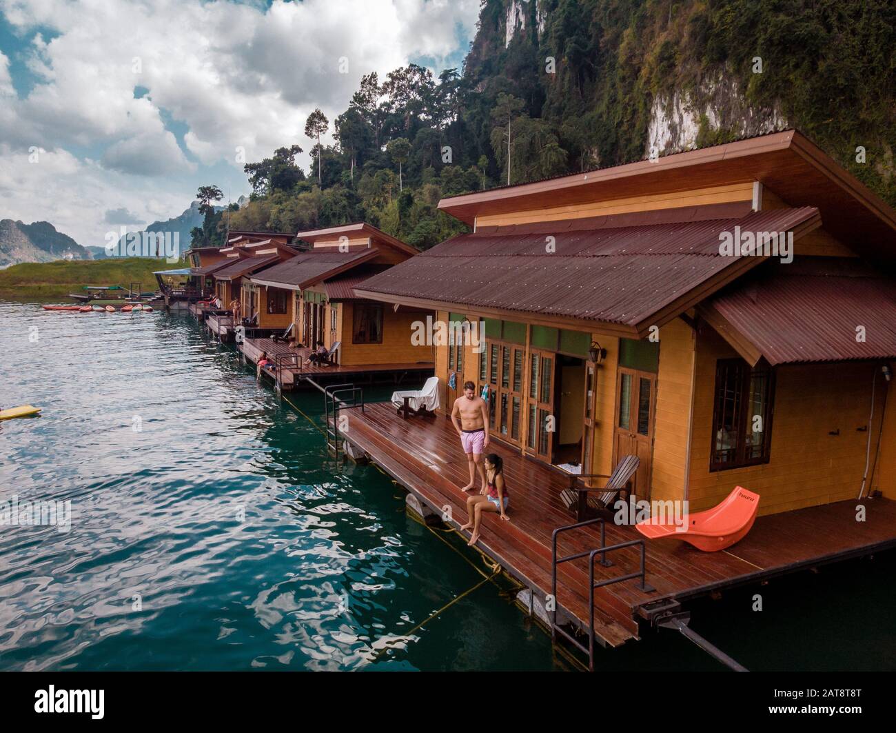 floating bungalows at Khao Sok Thailand, drone view at the lake with ...