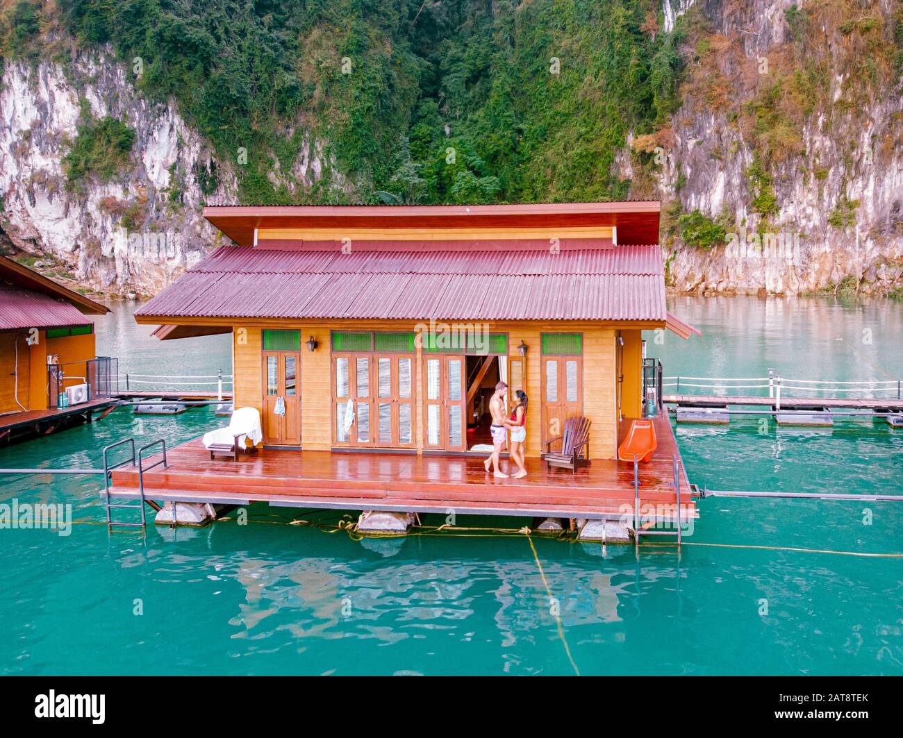 floating bungalows at Khao Sok Thailand, drone view at the lake with ...