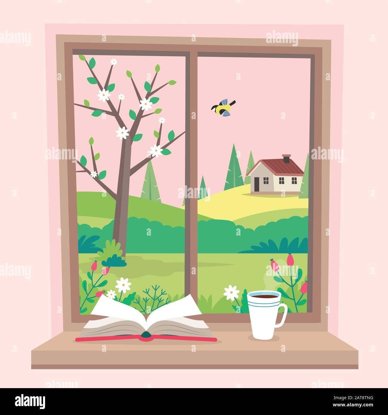 Spring window with view, a book and a coffee cup on the sill. Cute cozy ...