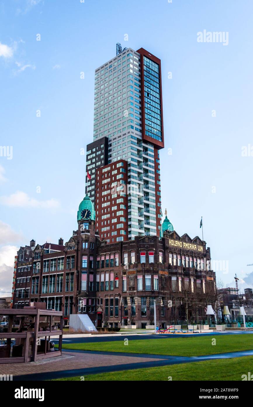 Cityscape in Rotterdam near the river Maas in wintertime and beautiful ...
