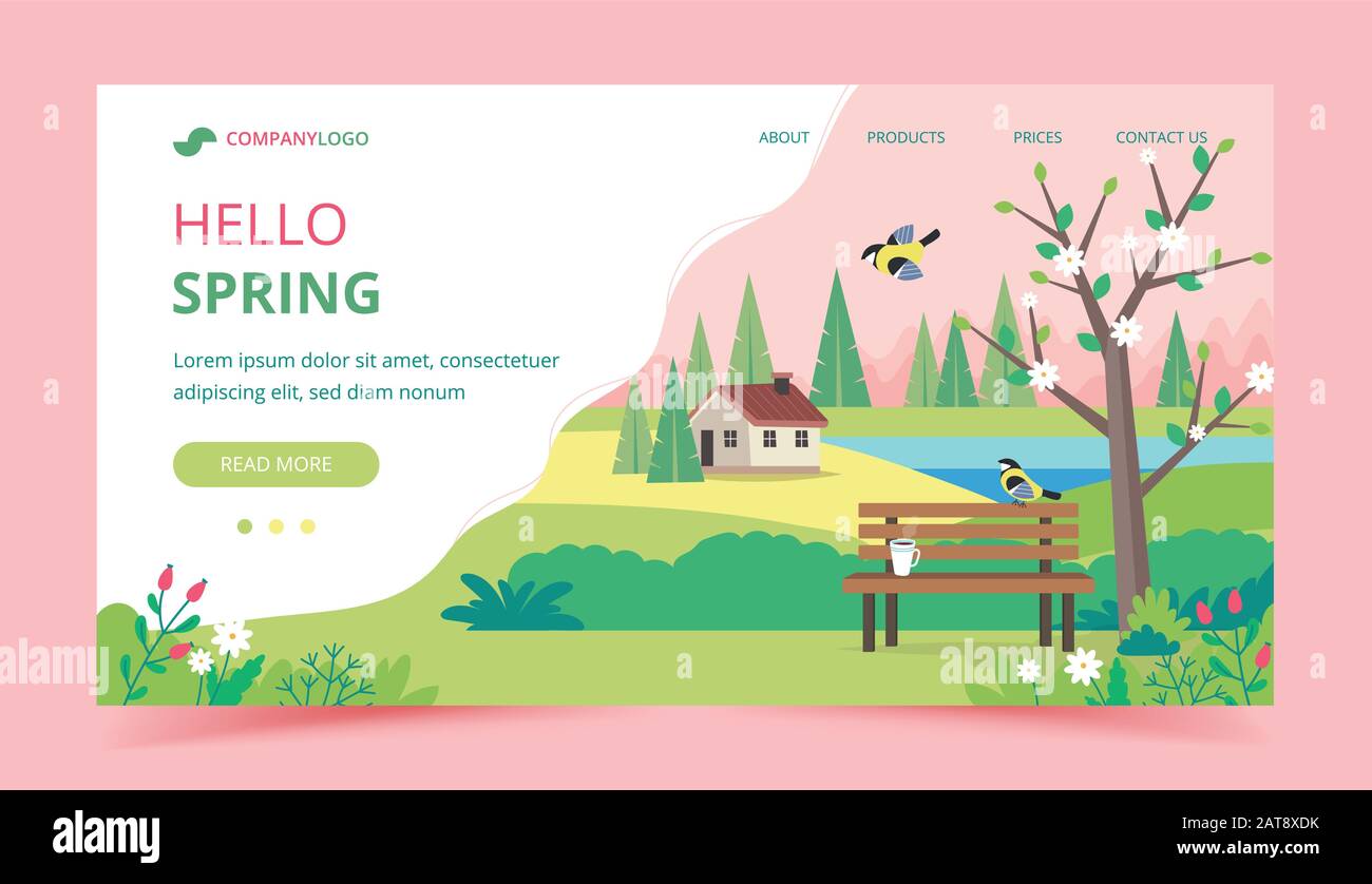 Hello spring landing page design template. Landscape with bench, houses ...
