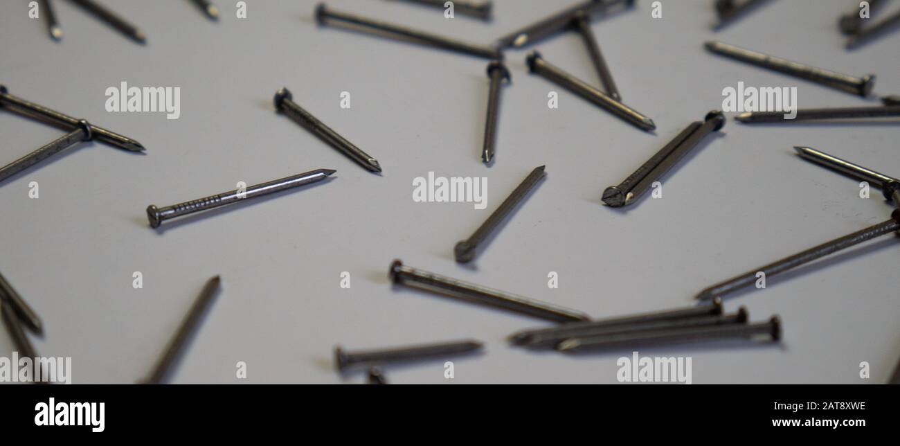 Flat lay nails on a white background. Copy space Stock Photo - Alamy
