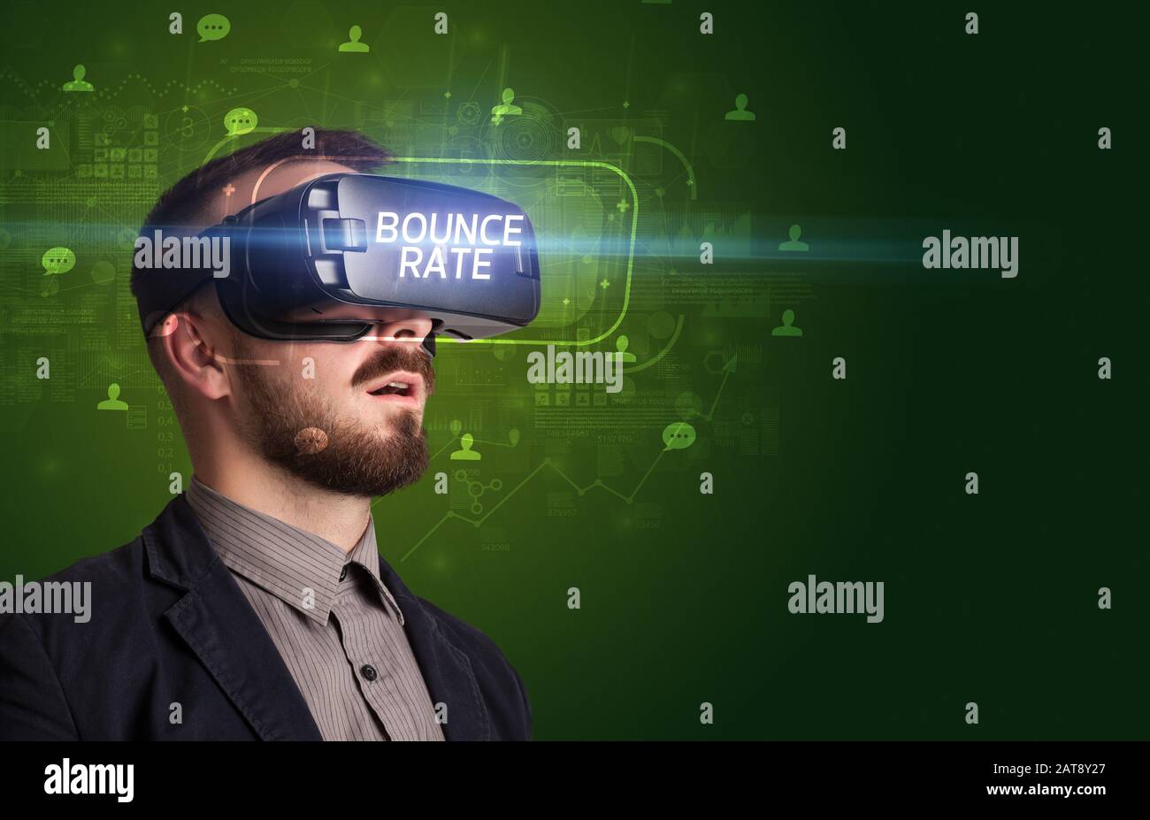 Businessman looking through Virtual Reality glasses with BOUNCE RATE ...