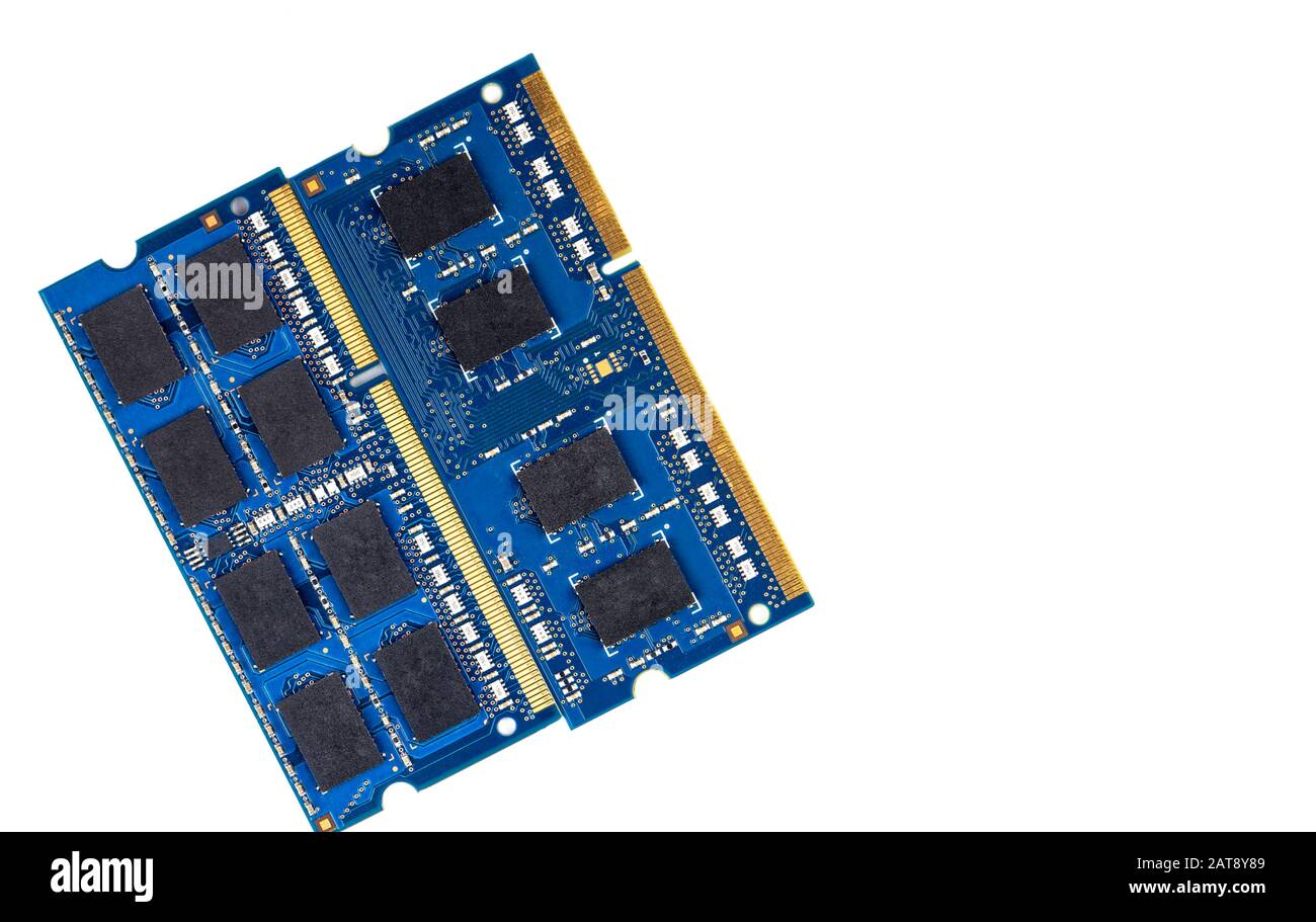Two blue computer memory cards isolated on a white background. Used ...