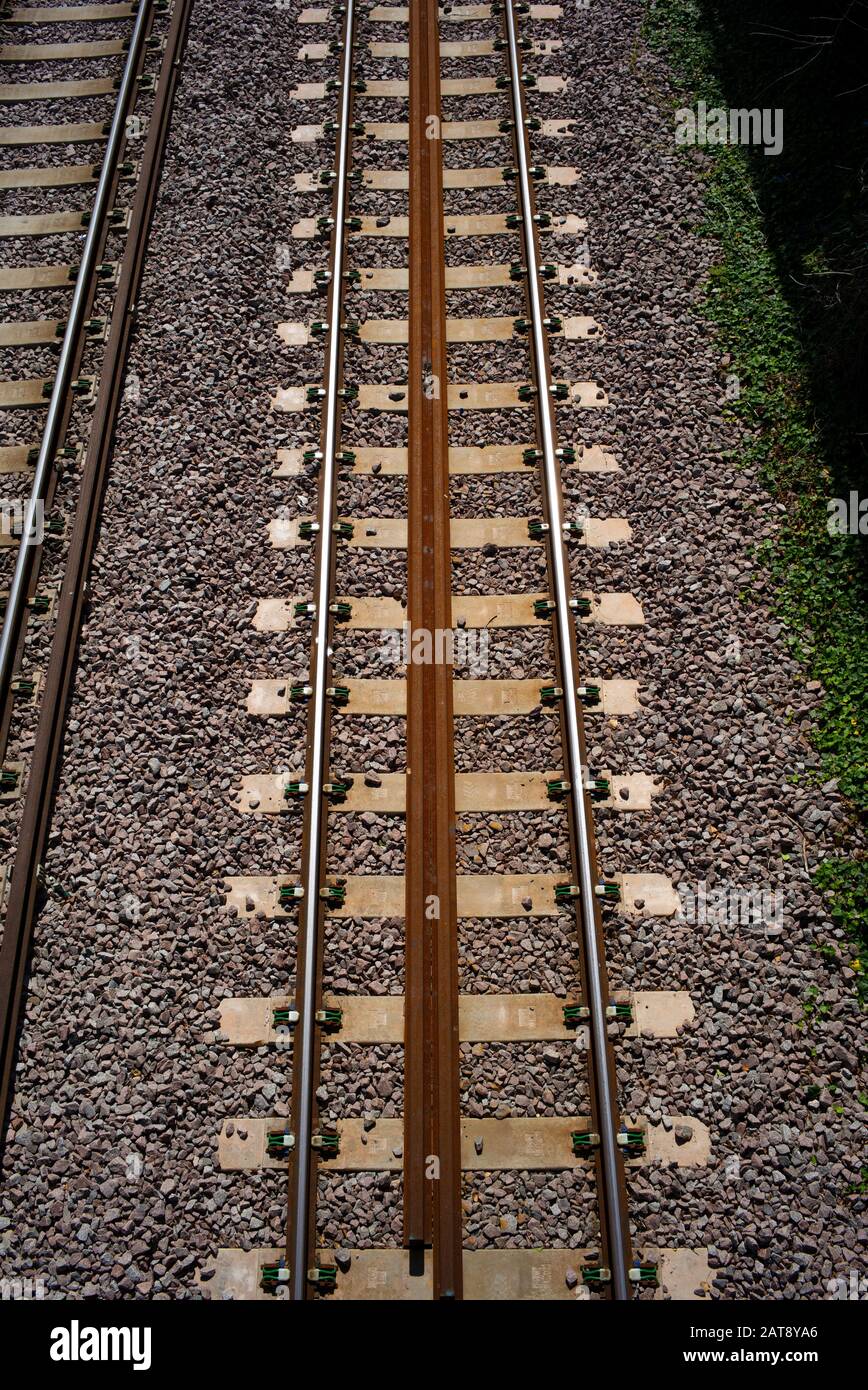 Aerial close-up view of railway tracks that could be used as a ...