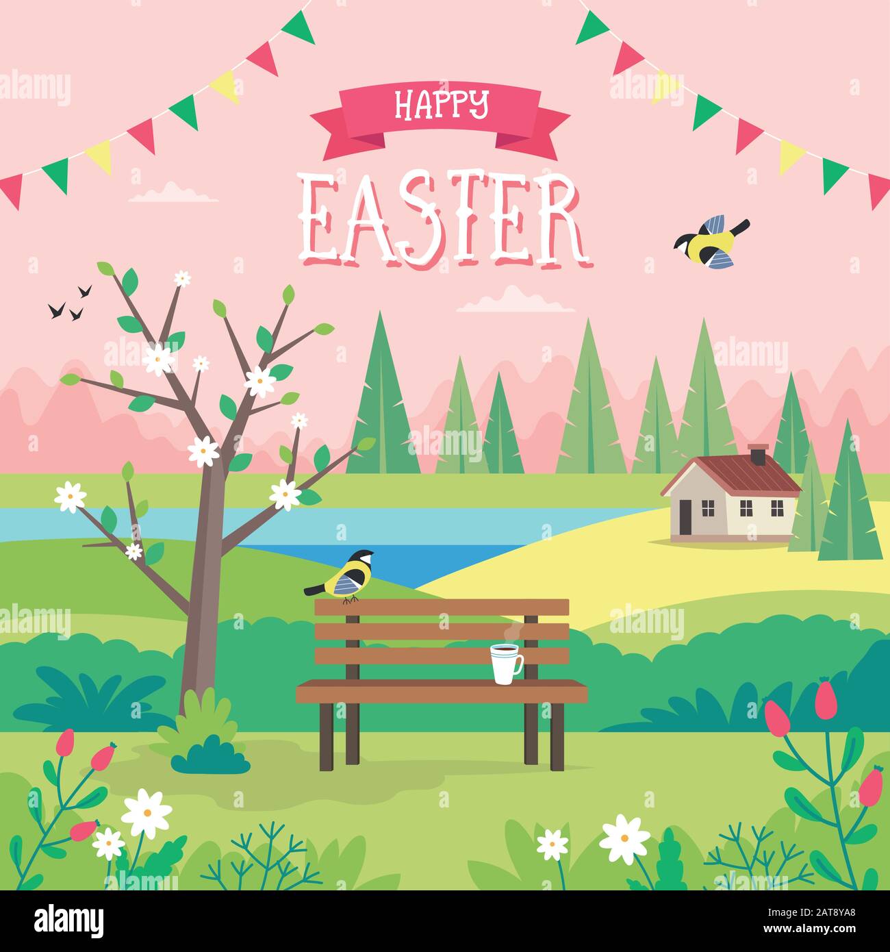 Happy Easter, spring landscape with bench, houses, fields and nature ...