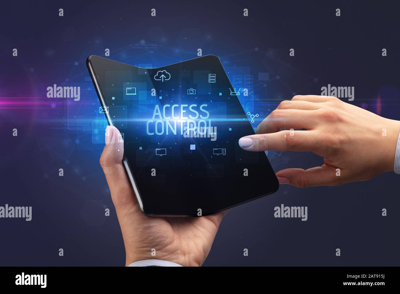 Businessman holding a foldable smartphone with ACCESS CONTROL ...