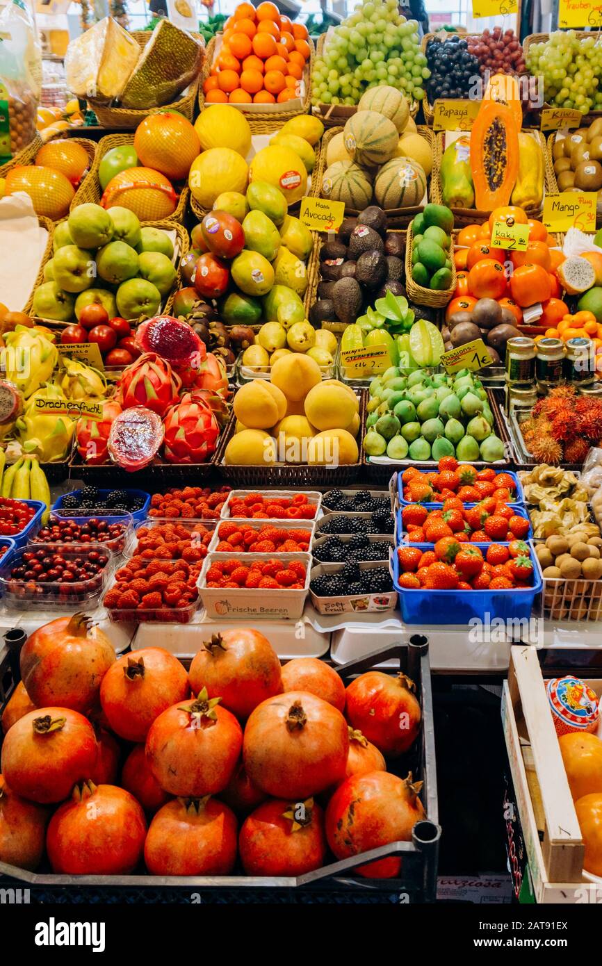 Fruit market. Lots of different fresh fruits Stock Photo - Alamy