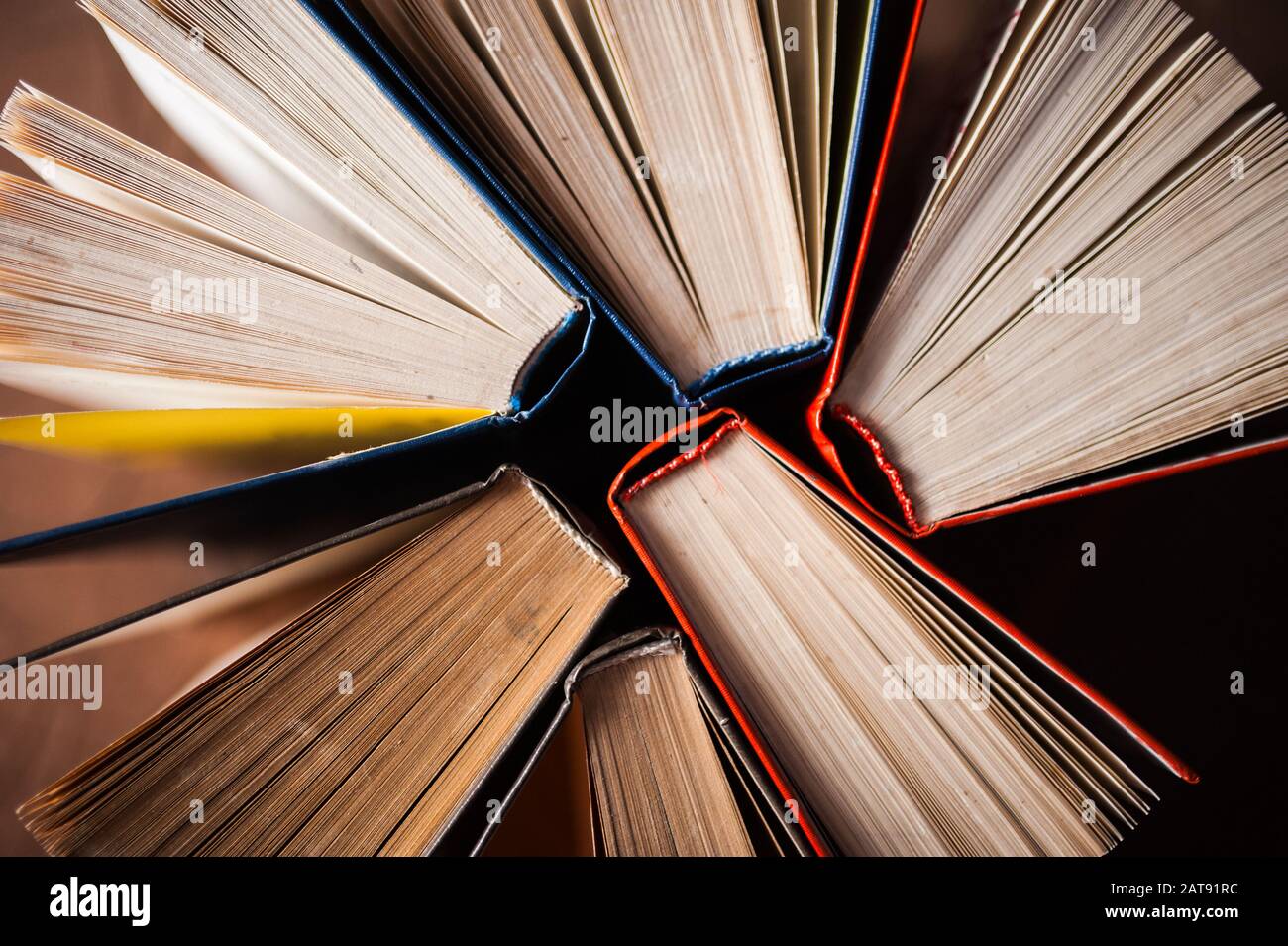 Old books on wooden table, top view. World Book Day poster Stock Photo ...