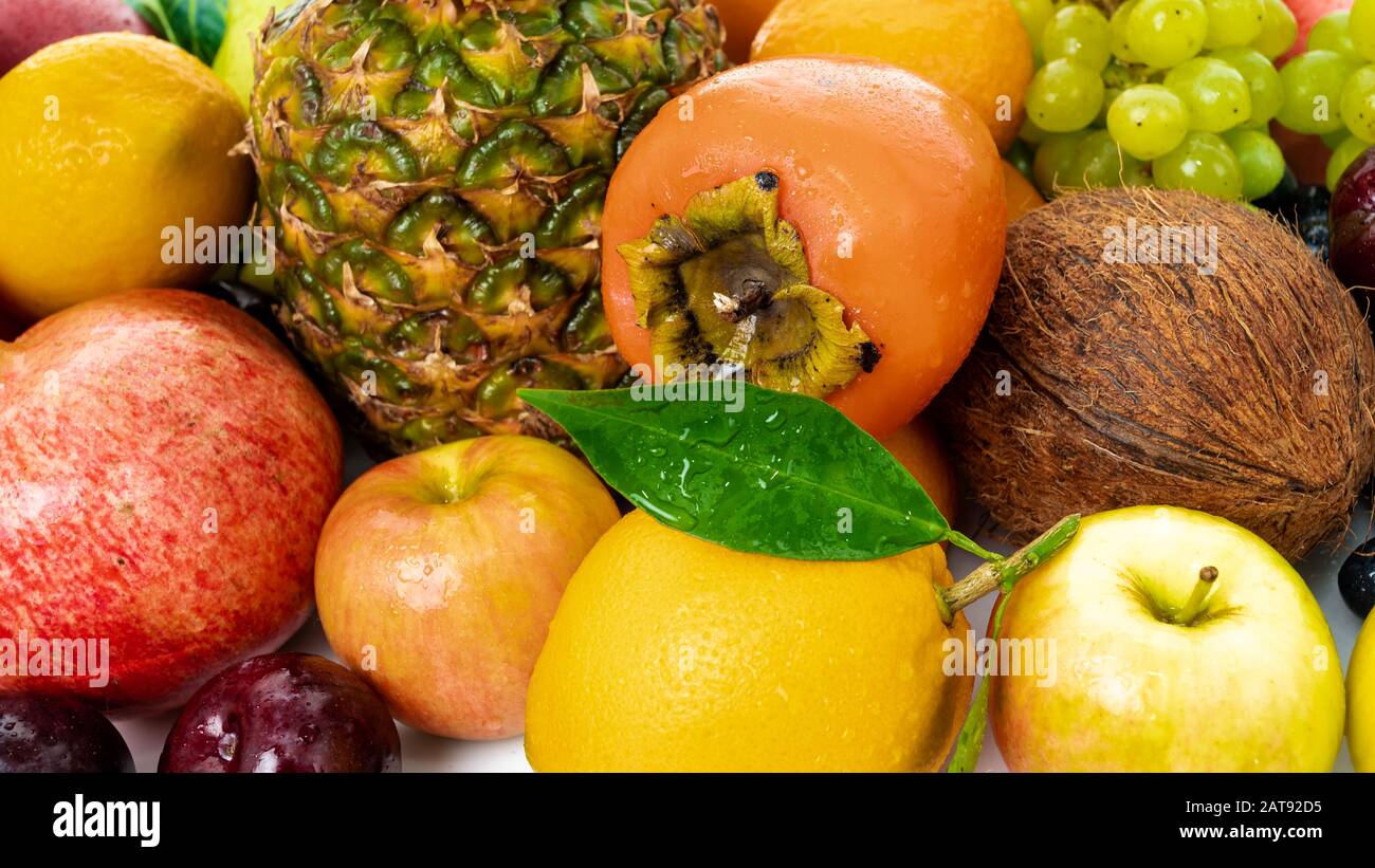 composition with a lot of differrent fruits. exotic fruits Stock Photo ...