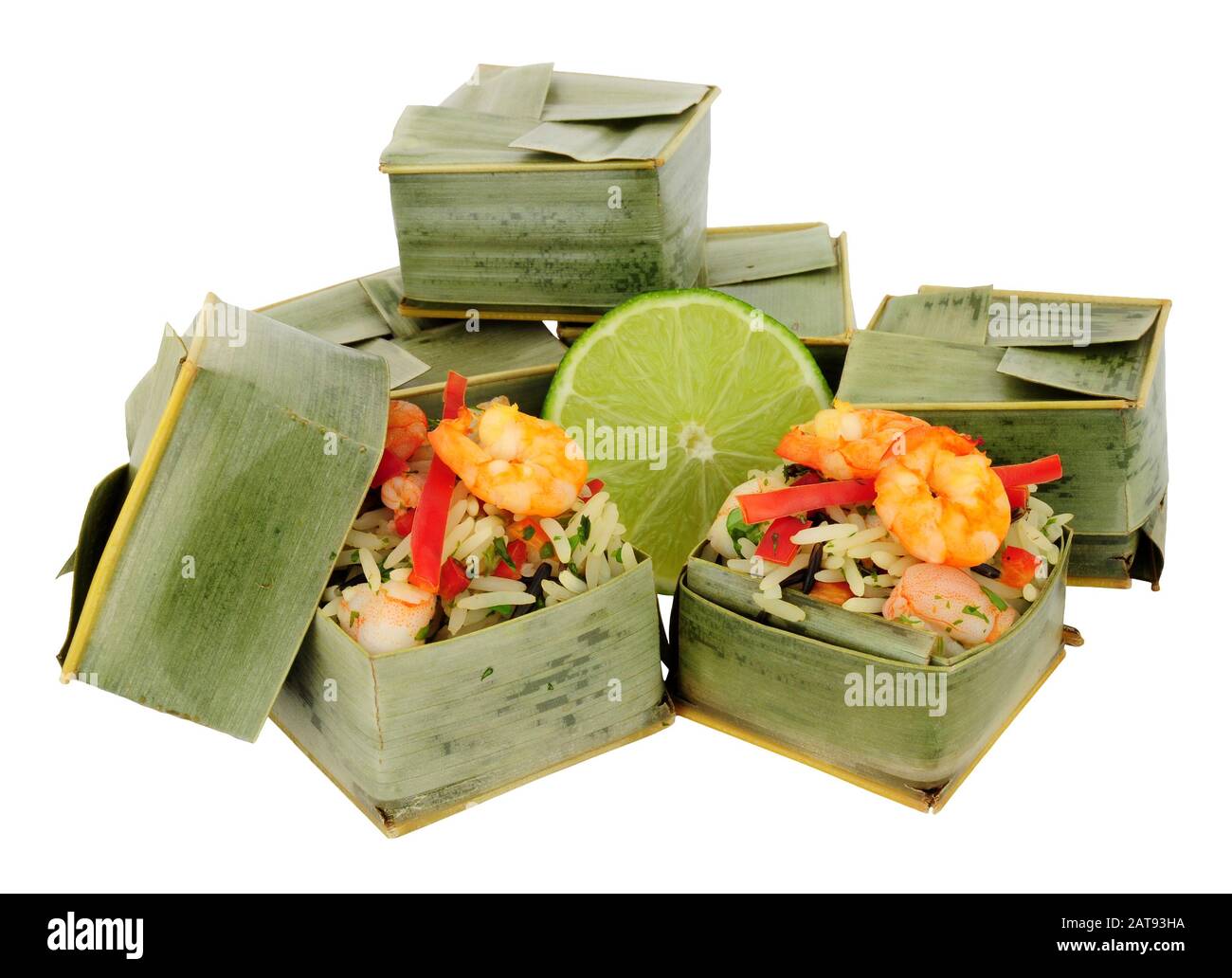 Steamed prawns and rice in bamboo leaf boxes isolated on a white ...