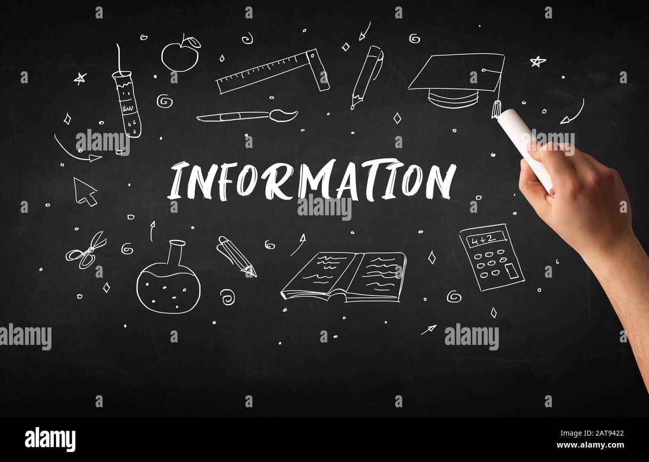 Hand drawing INFORMATION inscription with white chalk on blackboard ...