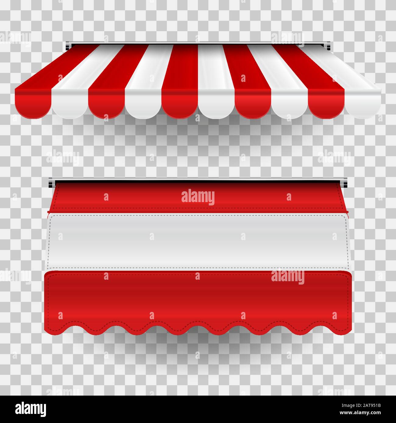 Set of commercial vector awnings. Market, cafe, or restaurant desing elements. Red and white ...