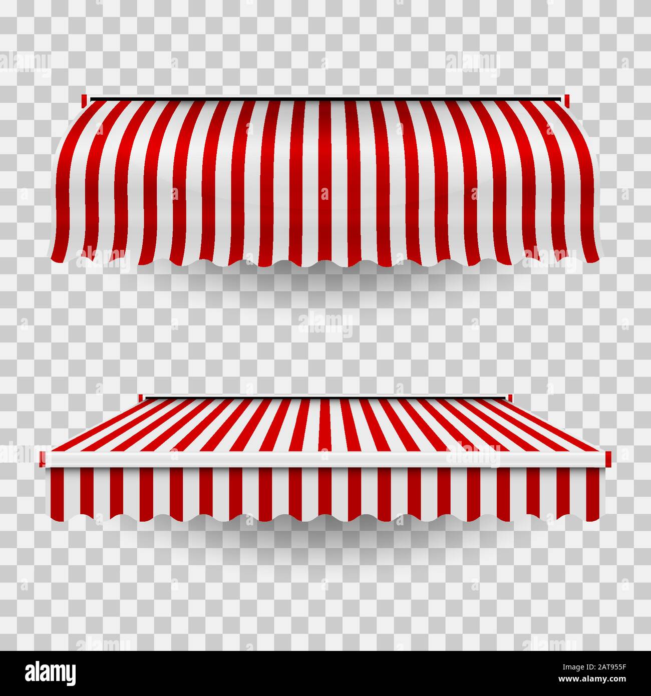 Set of commercial vector awnings. Market, cafe, or restaurant desing elements. Red and white ...