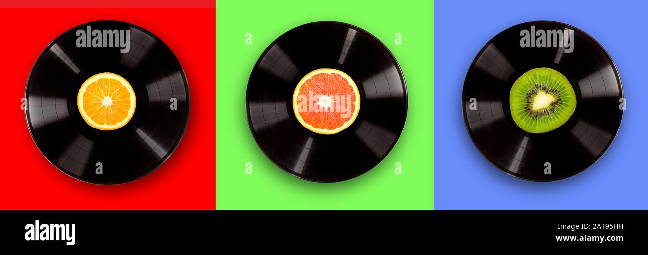 vinyl record on a bright red background. The concept of fresh music ...