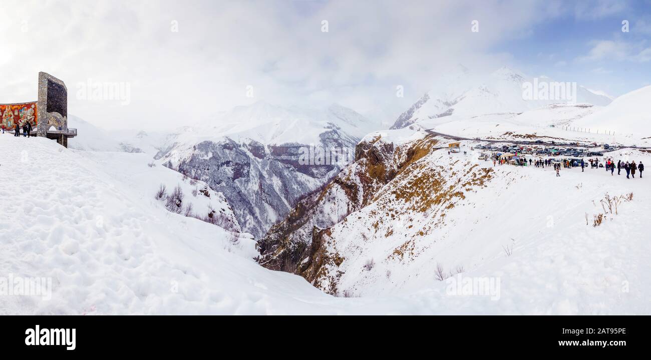 Panorama of Cross pass, Georgia, Winter. The monument of Friendship of ...