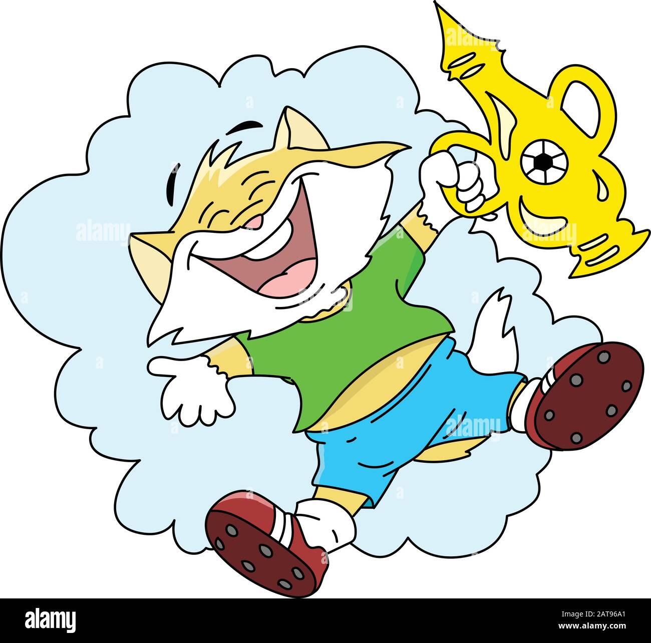 Happy cartoon cat holding a champion cup in his hands jumping in the ...